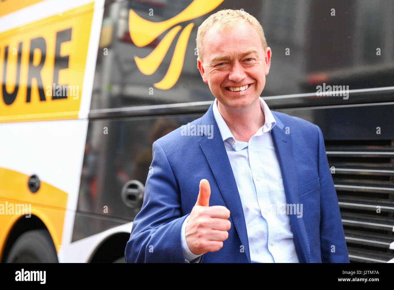 London, UK. 01st May, 2017. Tim Farron leaves the rally in North London ...