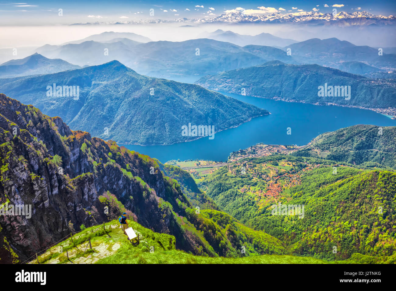 View to Lugano city, San Salvatore mountain and Lugano lake from Monte ...