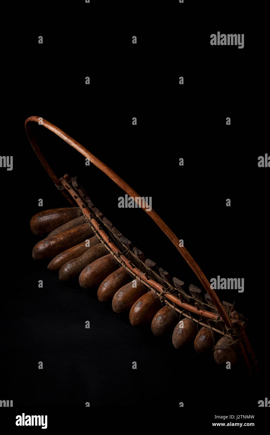 African music instrument, wooden marimba with two bakets, isolated on ...