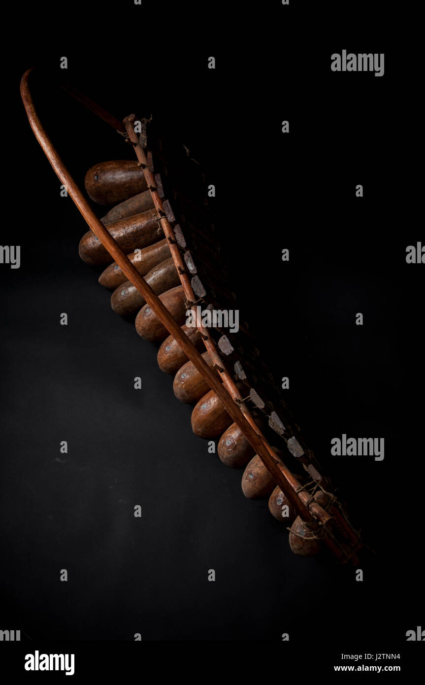 African music instrument, wooden marimba with two bakets, isolated on ...