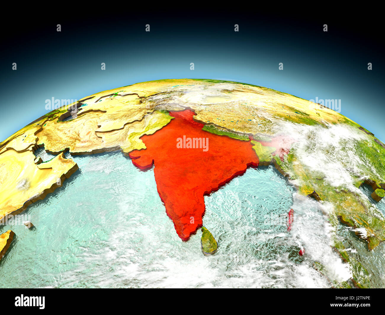 India in red on model of planet Earth as seen from orbit. 3D ...