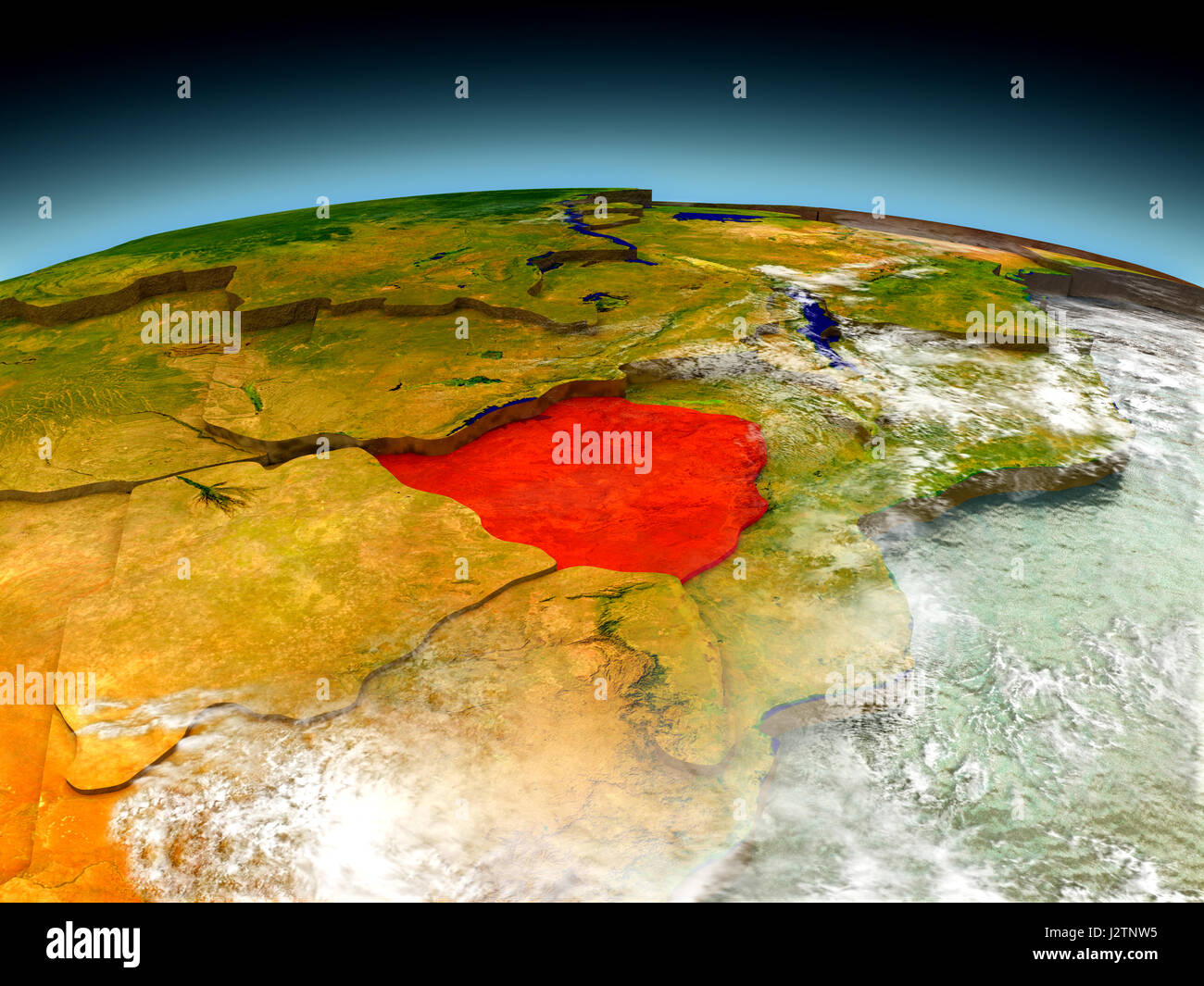 Zimbabwe in red on model of planet Earth as seen from orbit. 3D ...