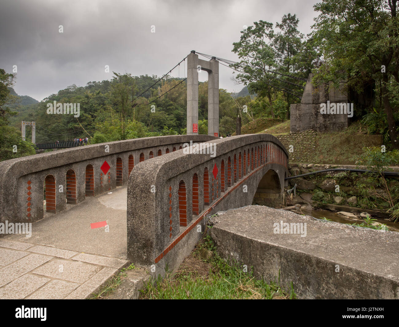 Shifen, Taiwan - October 05, 2016: Brick bridge over the Keelung river ...