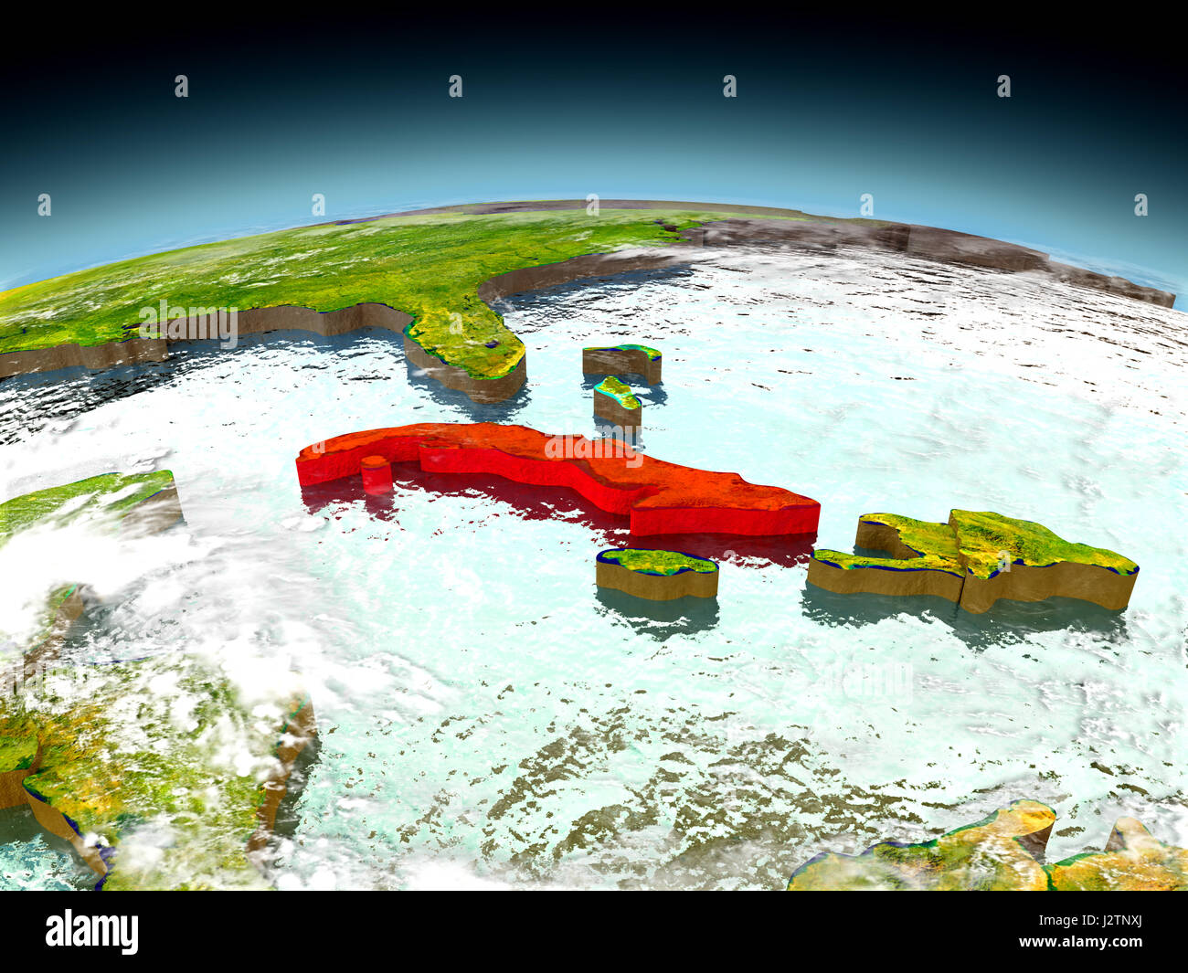Cuba in red on model of planet Earth as seen from orbit. 3D ...