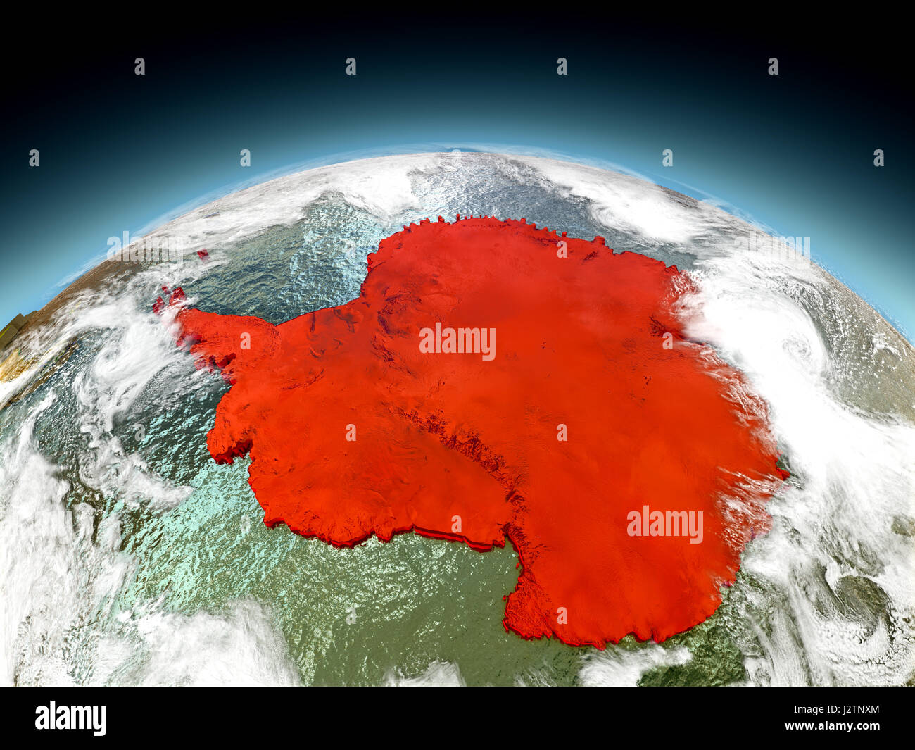 Antarctica in red on model of planet Earth as seen from orbit. 3D ...