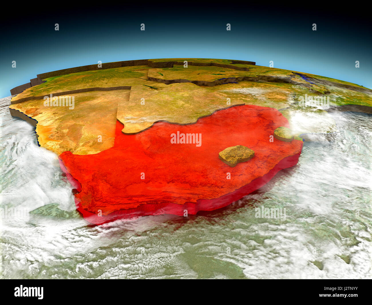 South Africa in red on model of planet Earth as seen from orbit. 3D ...
