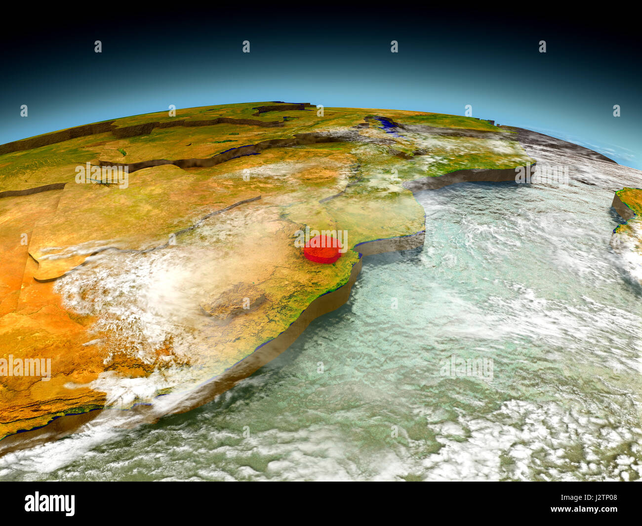 Swaziland in red on model of planet Earth as seen from orbit. 3D illustration with detailed ...