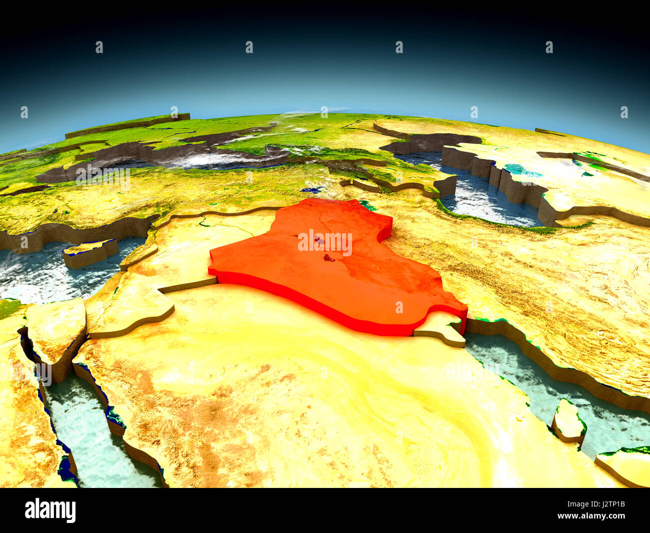 Iraq in red on model of planet Earth as seen from orbit. 3D ...