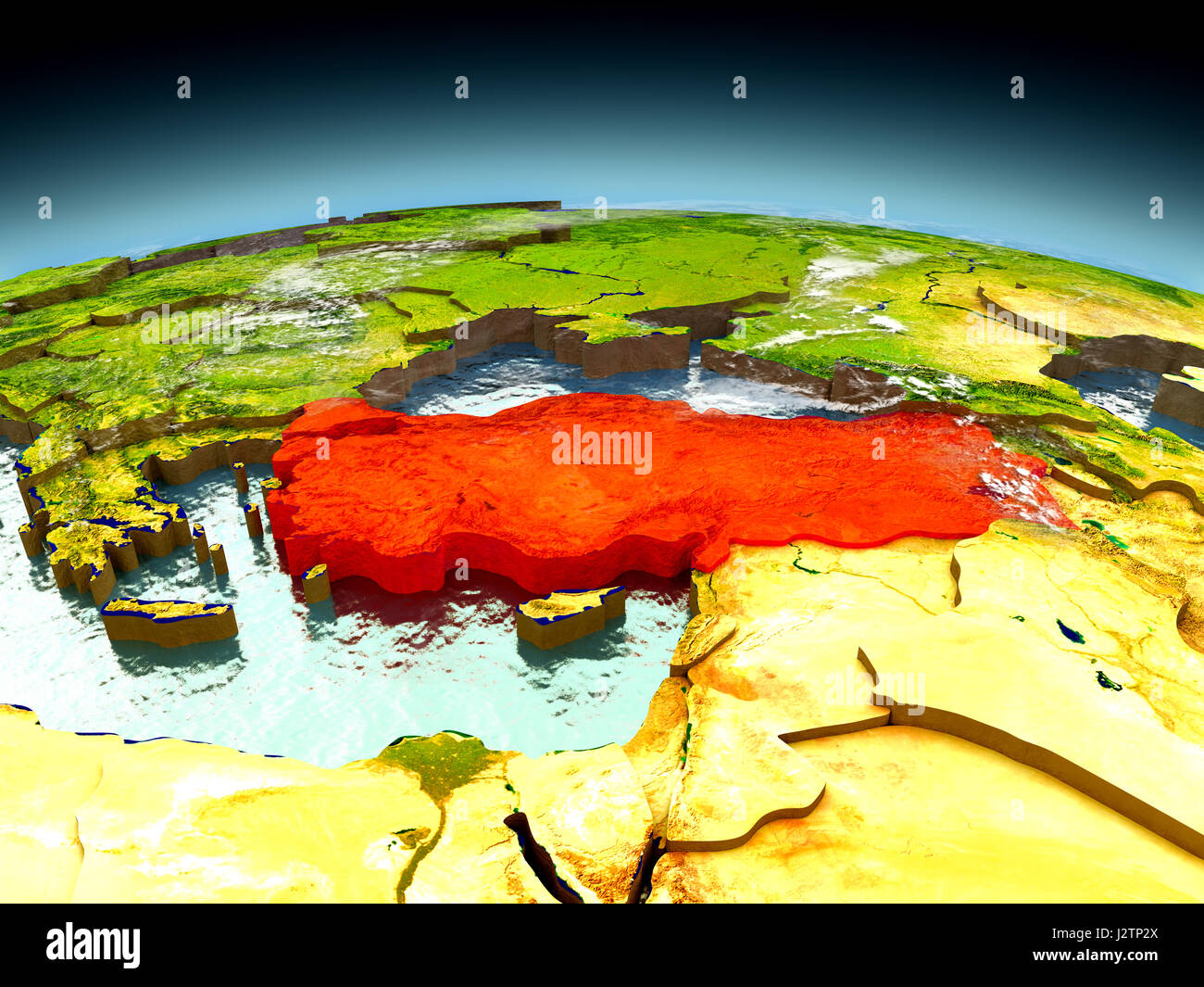 Turkey in red on model of planet Earth as seen from orbit. 3D ...