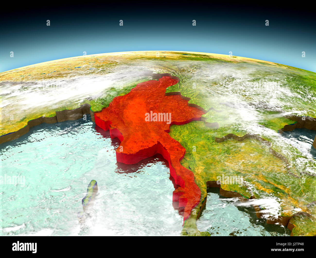 Myanmar in red on model of planet Earth as seen from orbit. 3D ...