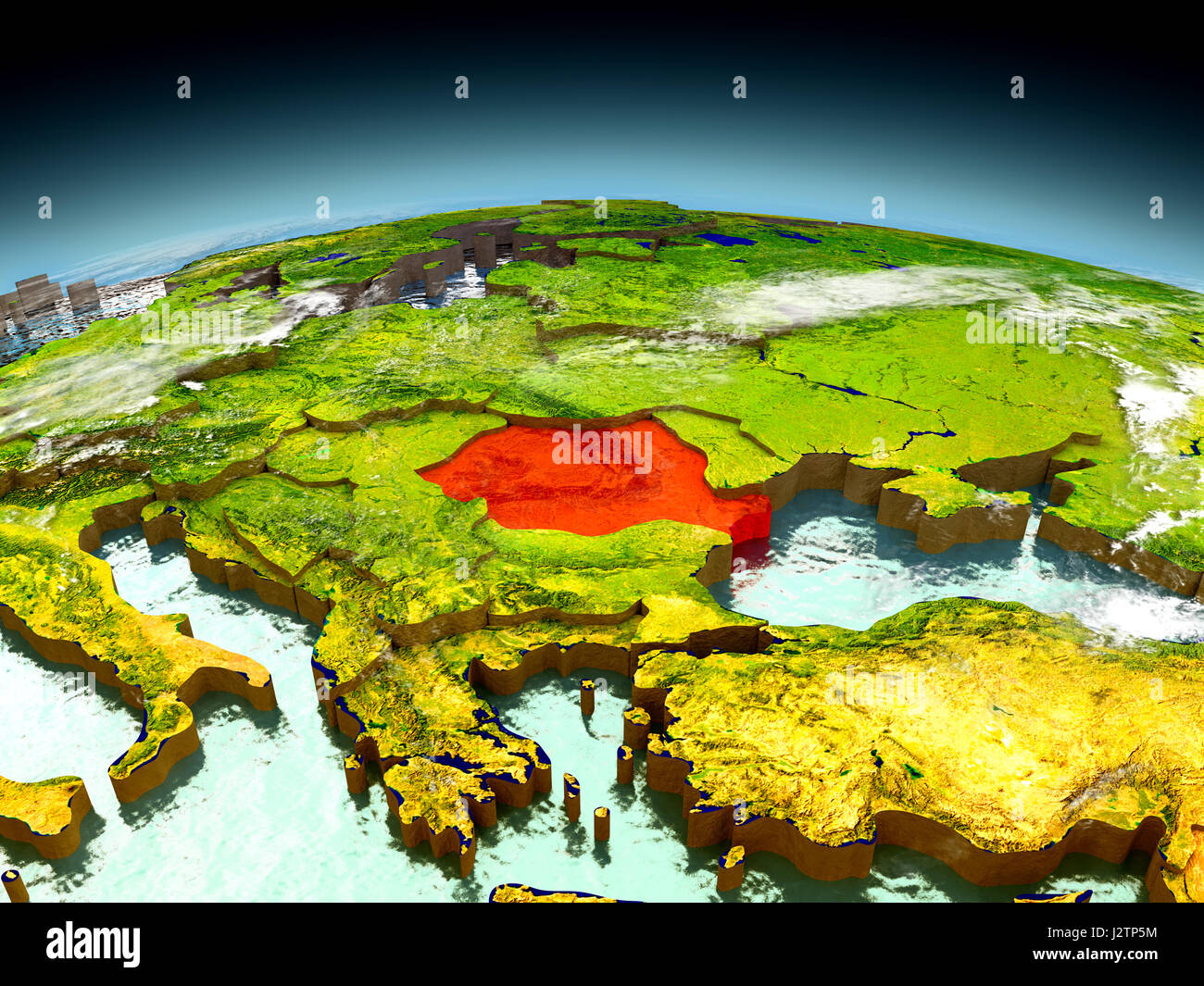 Romania in red on model of planet Earth as seen from orbit. 3D ...