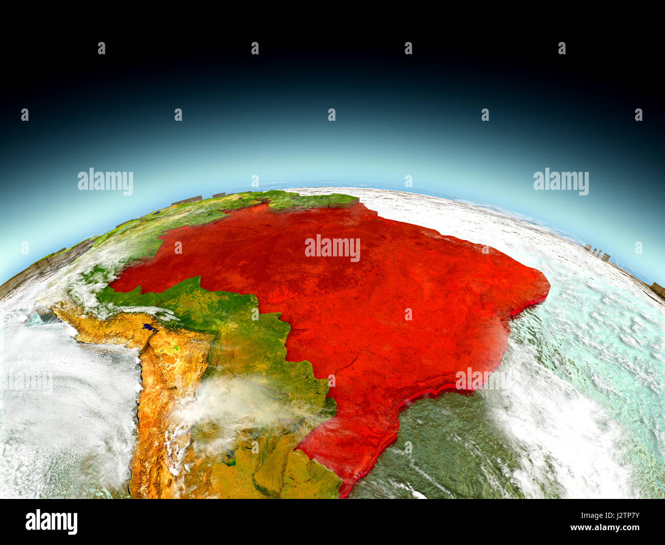 Brazil in red on model of planet Earth as seen from orbit. 3D ...