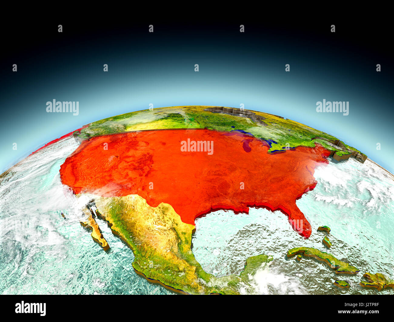 USA in red on model of planet Earth as seen from orbit. 3D illustration ...