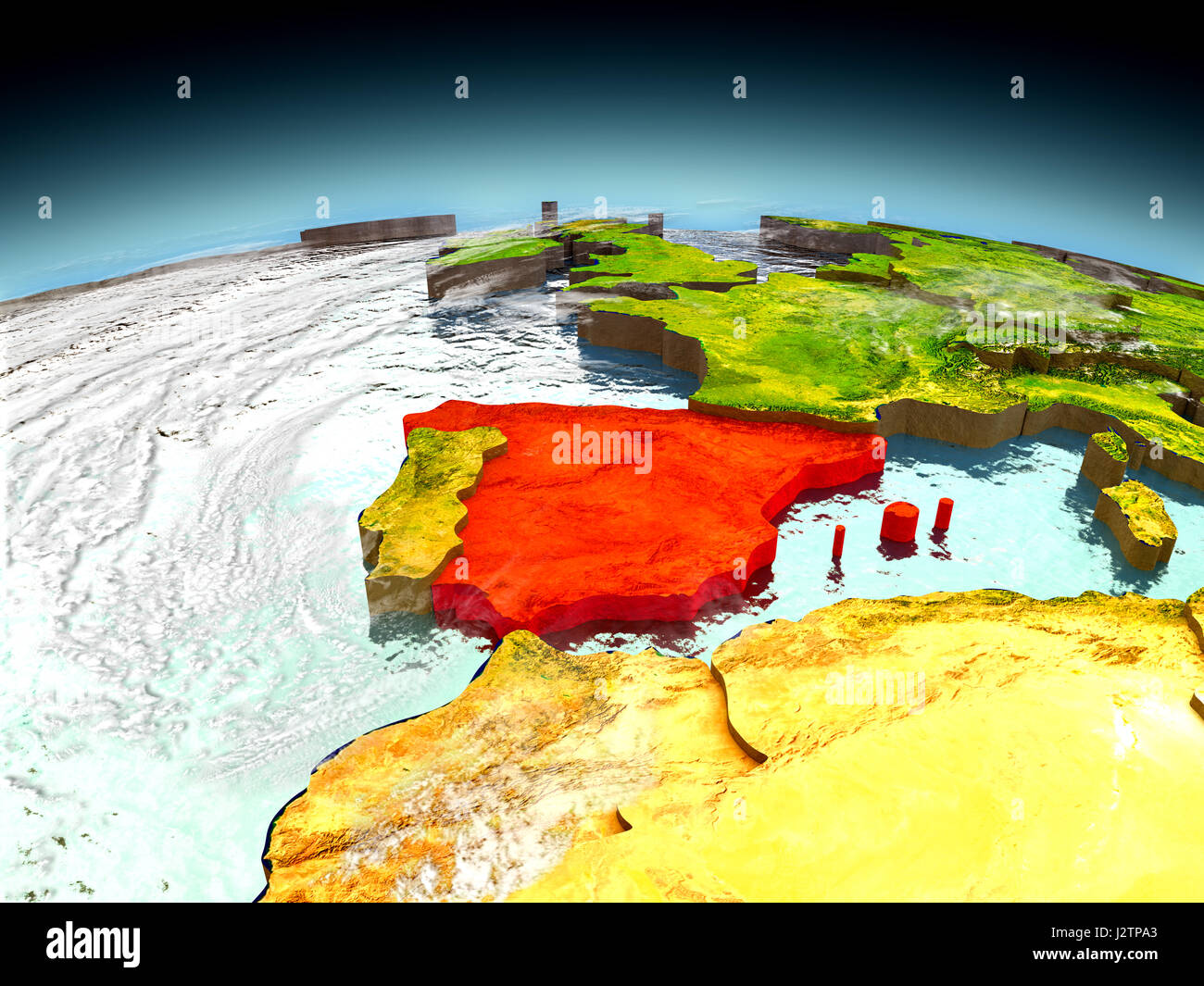 Spain in red on model of planet Earth as seen from orbit. 3D ...