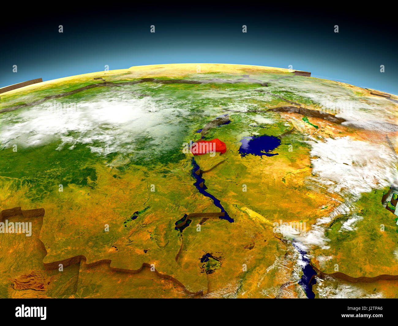 Rwanda in red on model of planet Earth as seen from orbit. 3D illustration with detailed planet ...