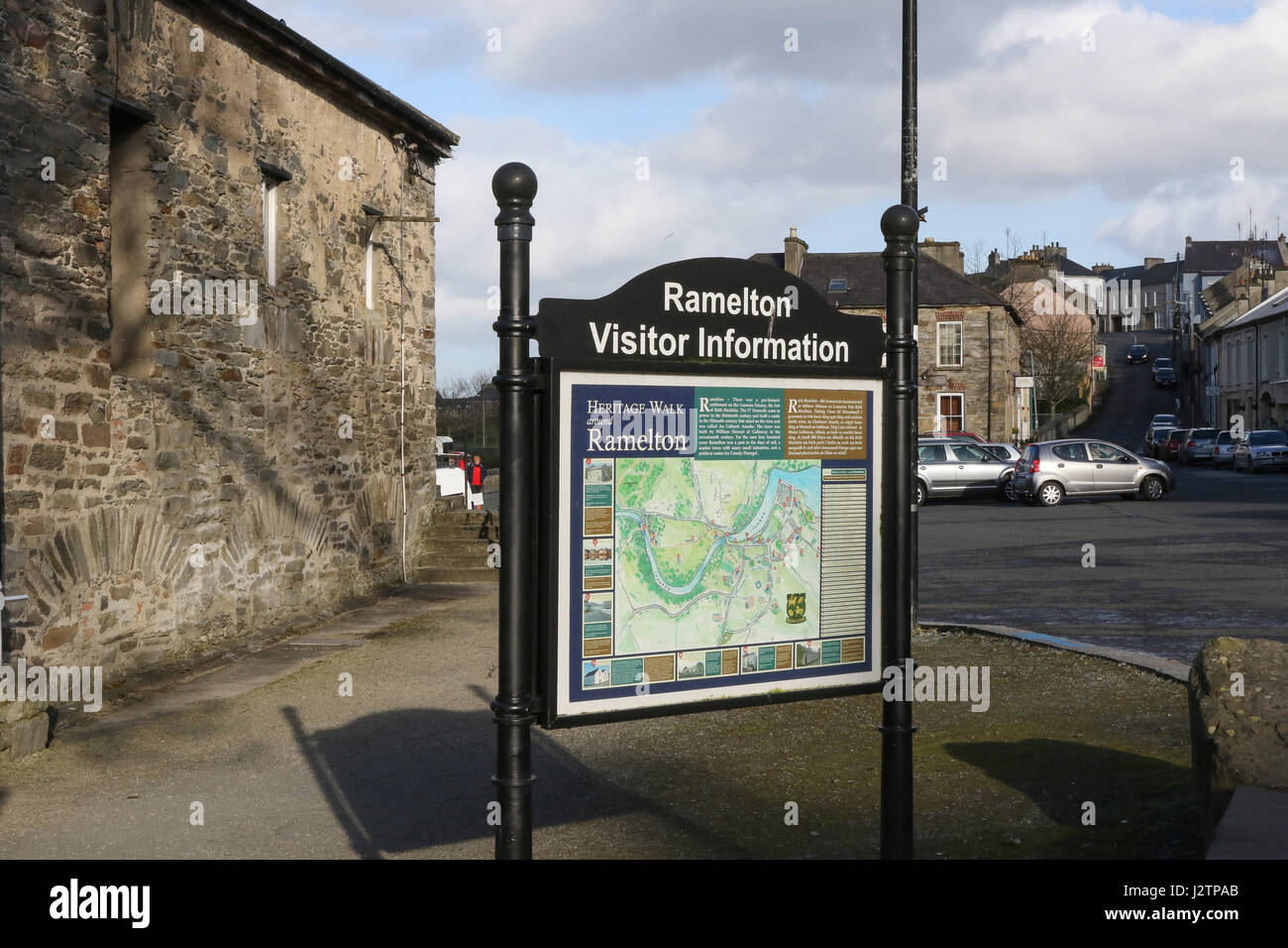 Visitor information sign in Ramelton, County Donegal, Ireland Stock ...