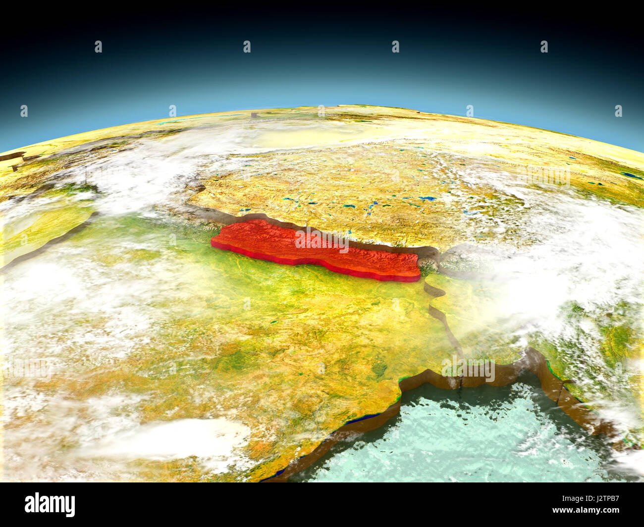 Nepal in red on model of planet Earth as seen from orbit. 3D ...