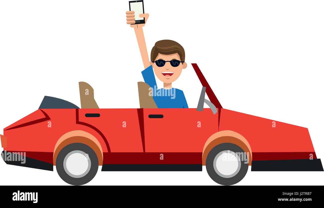 character man in car coupe holding smartphone Stock Vector Image & Art ...
