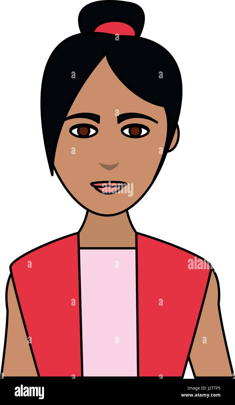 color image cartoon half body asian woman with collected hairstyle ...