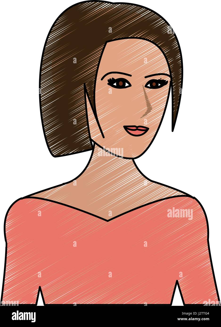 color pencil cartoon half body woman with straight short hairstyle ...