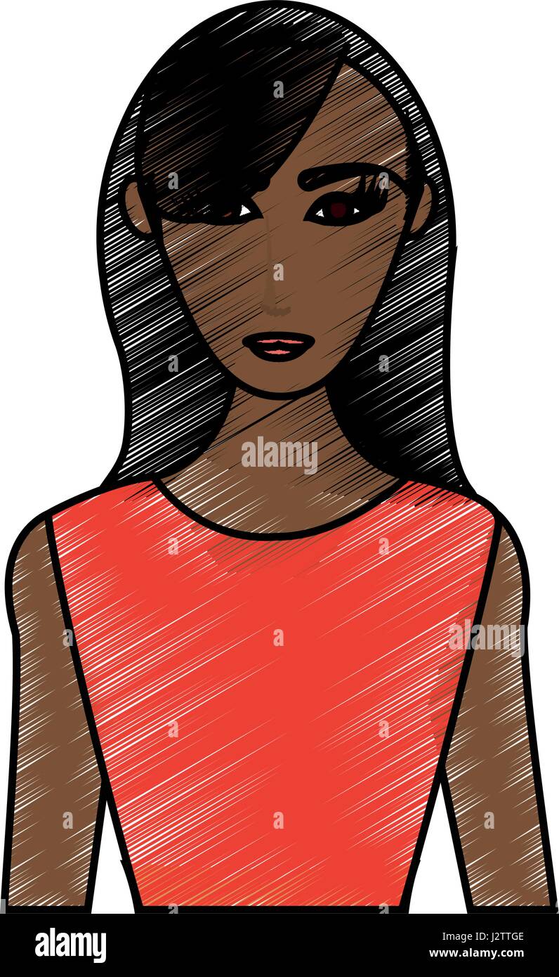 color pencil cartoon half body brunette woman with long side hairstyle ...