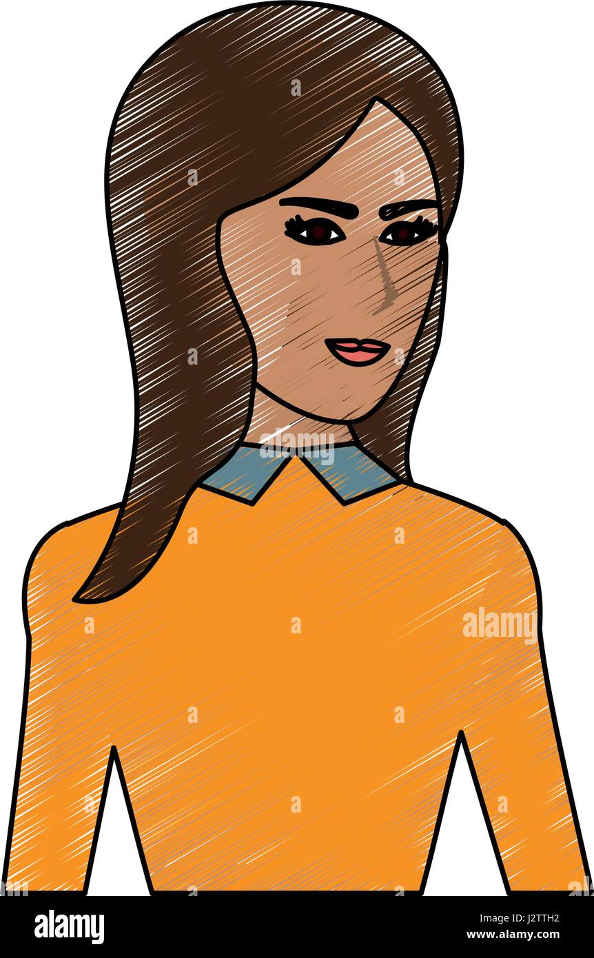 color pencil cartoon half body woman with long hair and jacket Stock ...