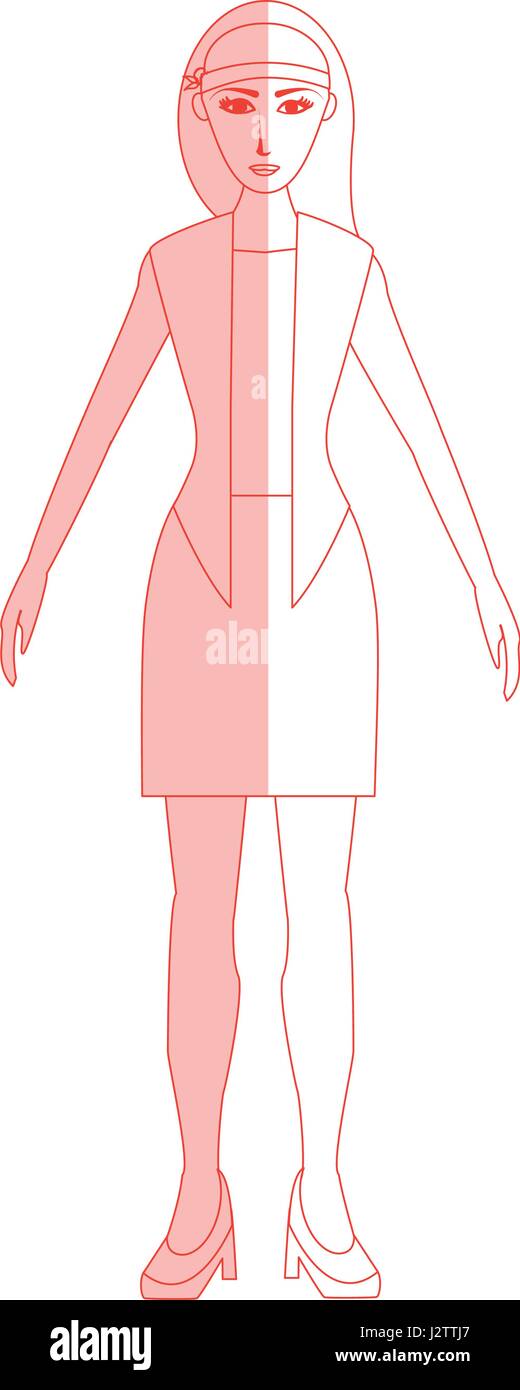 red silhouette shading cartoon full body woman with jacket and skirt ...