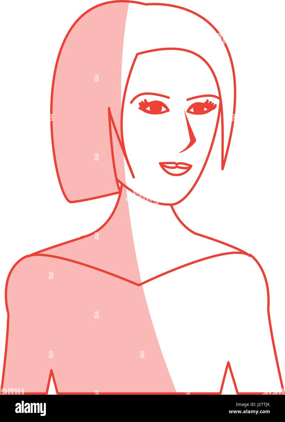 red silhouette shading cartoon half body woman with straight short ...