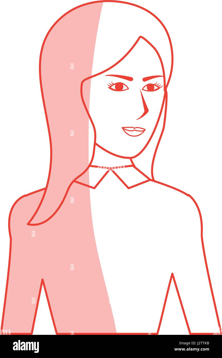 red silhouette shading cartoon half body woman with long hair and ...