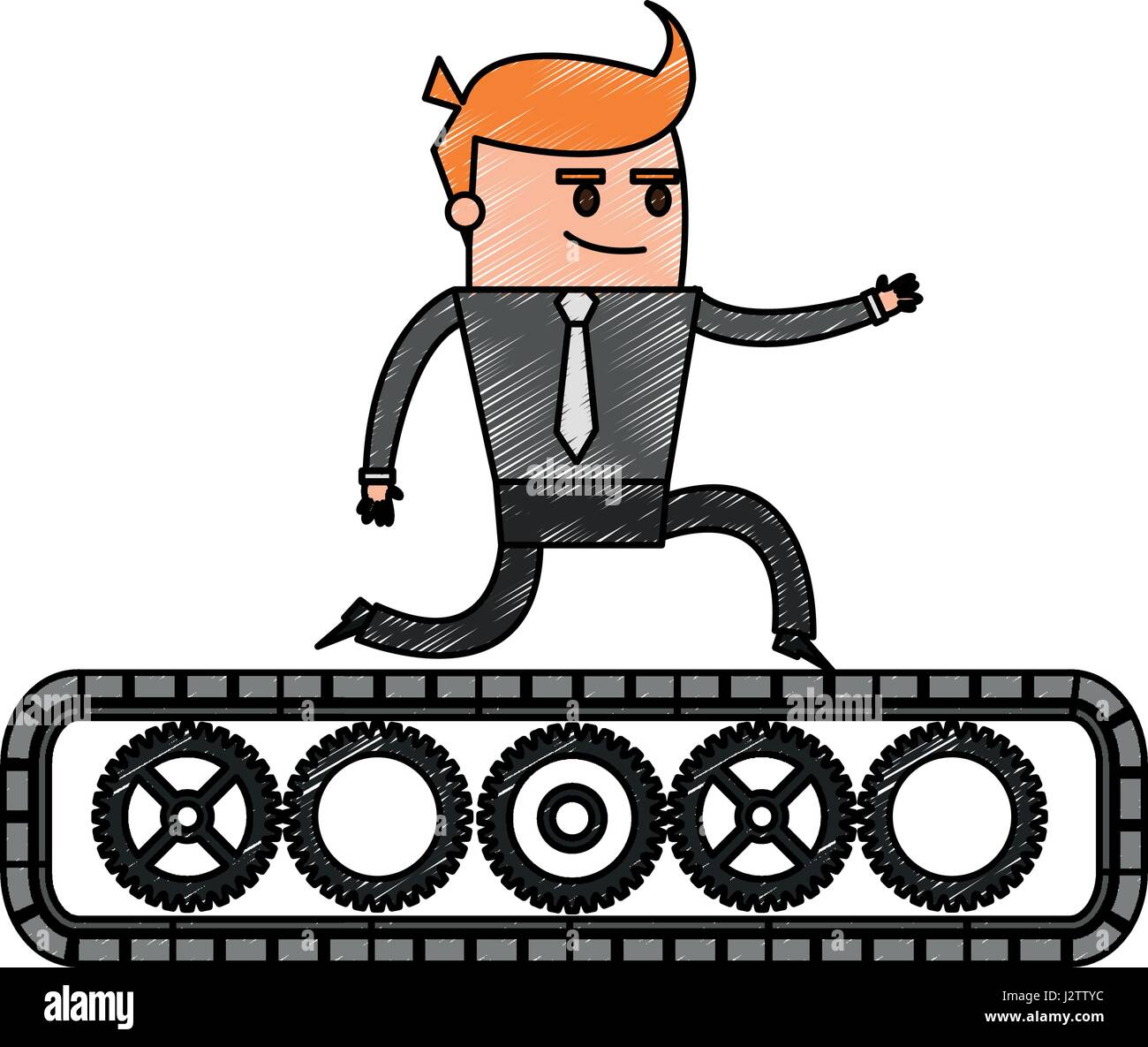 color pencil cartoon business man riding an belt with gears Stock ...