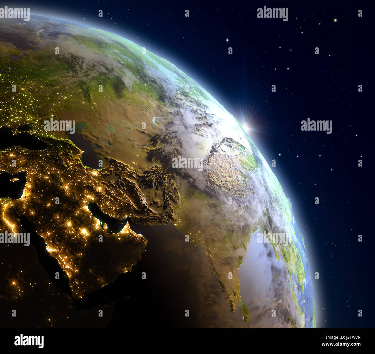 Middle East during sunrise from Earth's orbit in space. 3D illustration ...