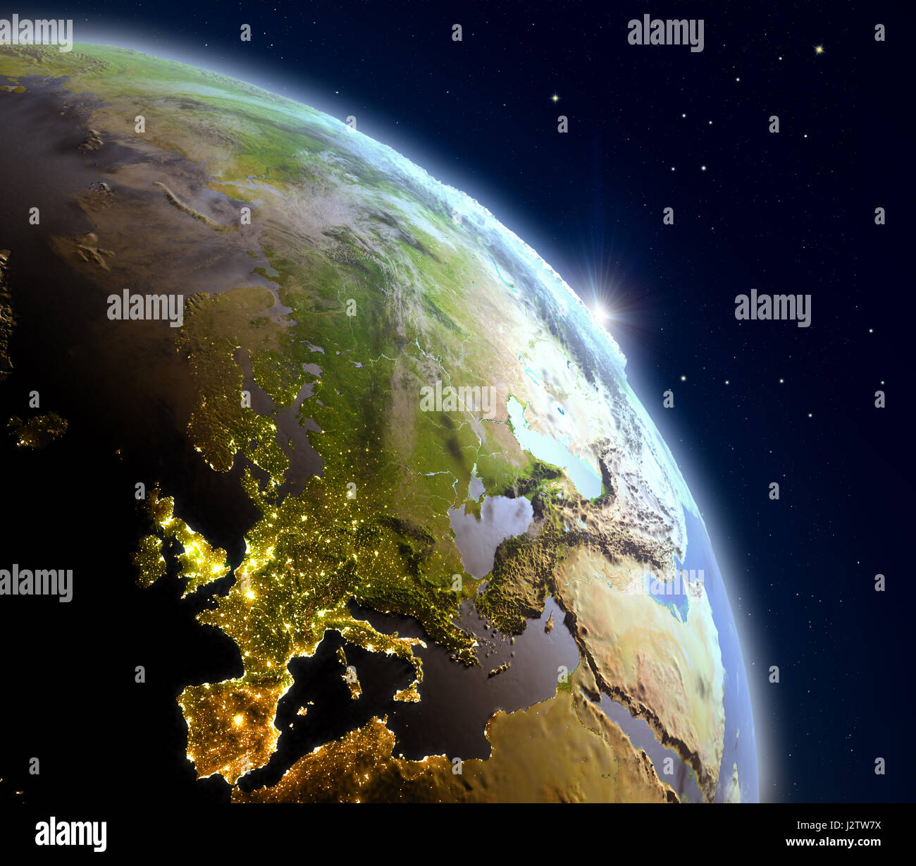 Europe during sunrise from Earth's orbit in space. 3D illustration with ...