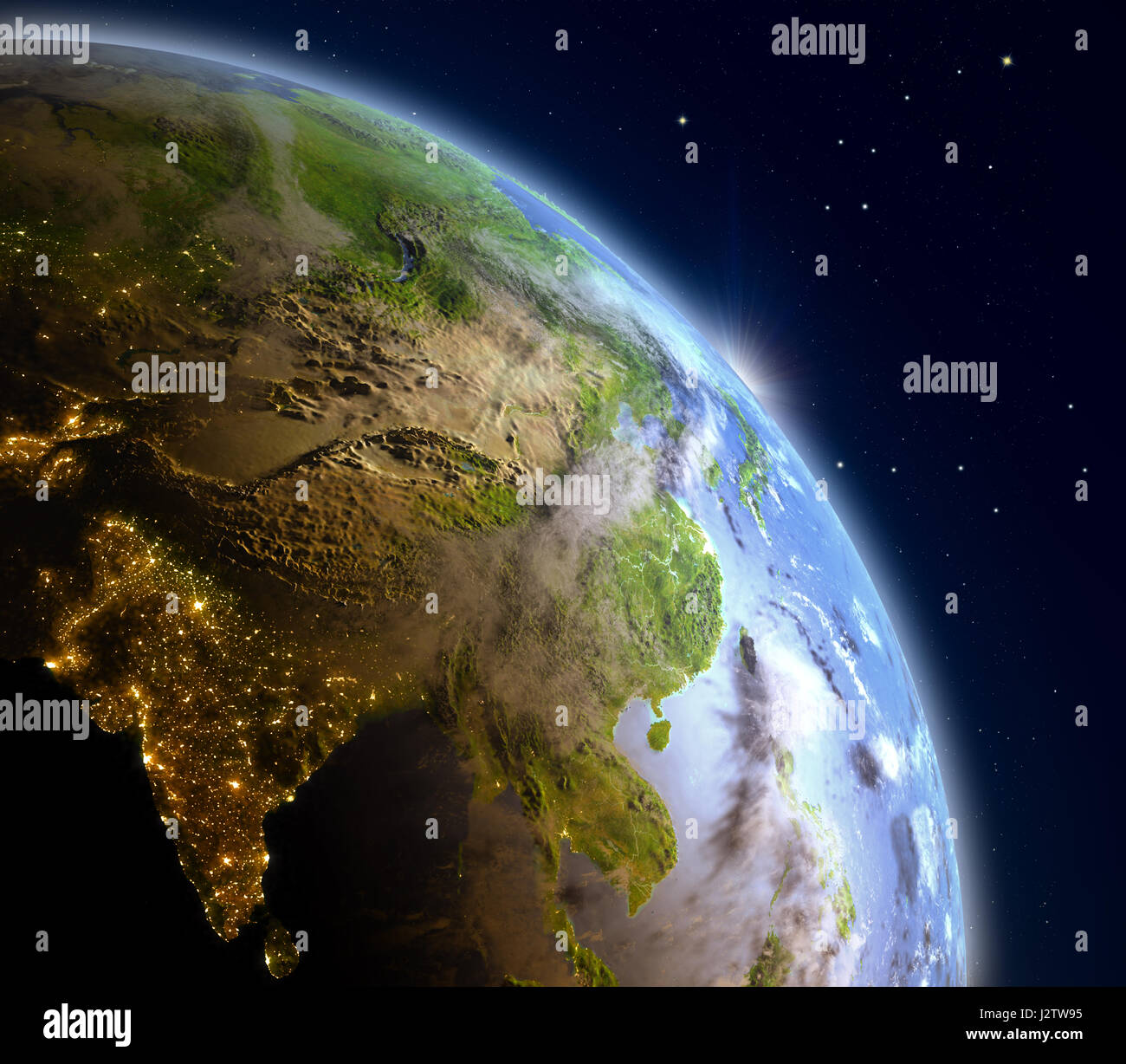 Southeast Asia during sunrise from Earth's orbit in space. 3D ...