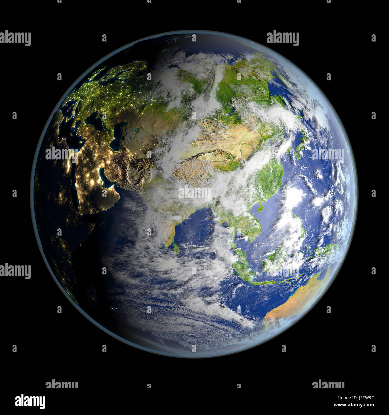 Asia from space with visible city lights. 3D illustration with detailed ...