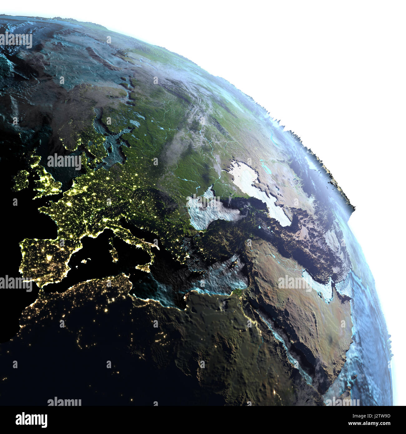EMEA region on model of planet Earth at dawn. 3D illustration with ...
