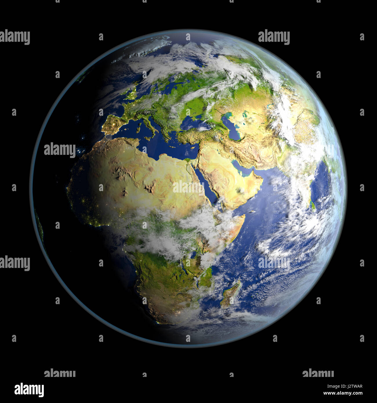EMEA region from space with visible city lights. 3D illustration with ...