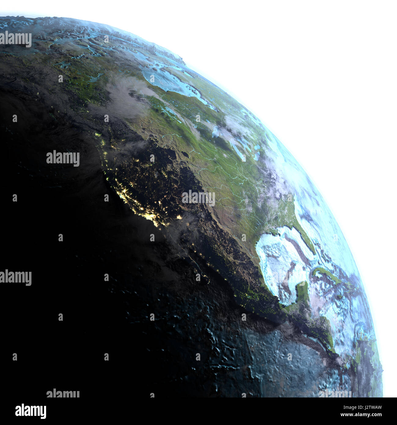 North America on model of planet Earth at dawn. 3D illustration with ...