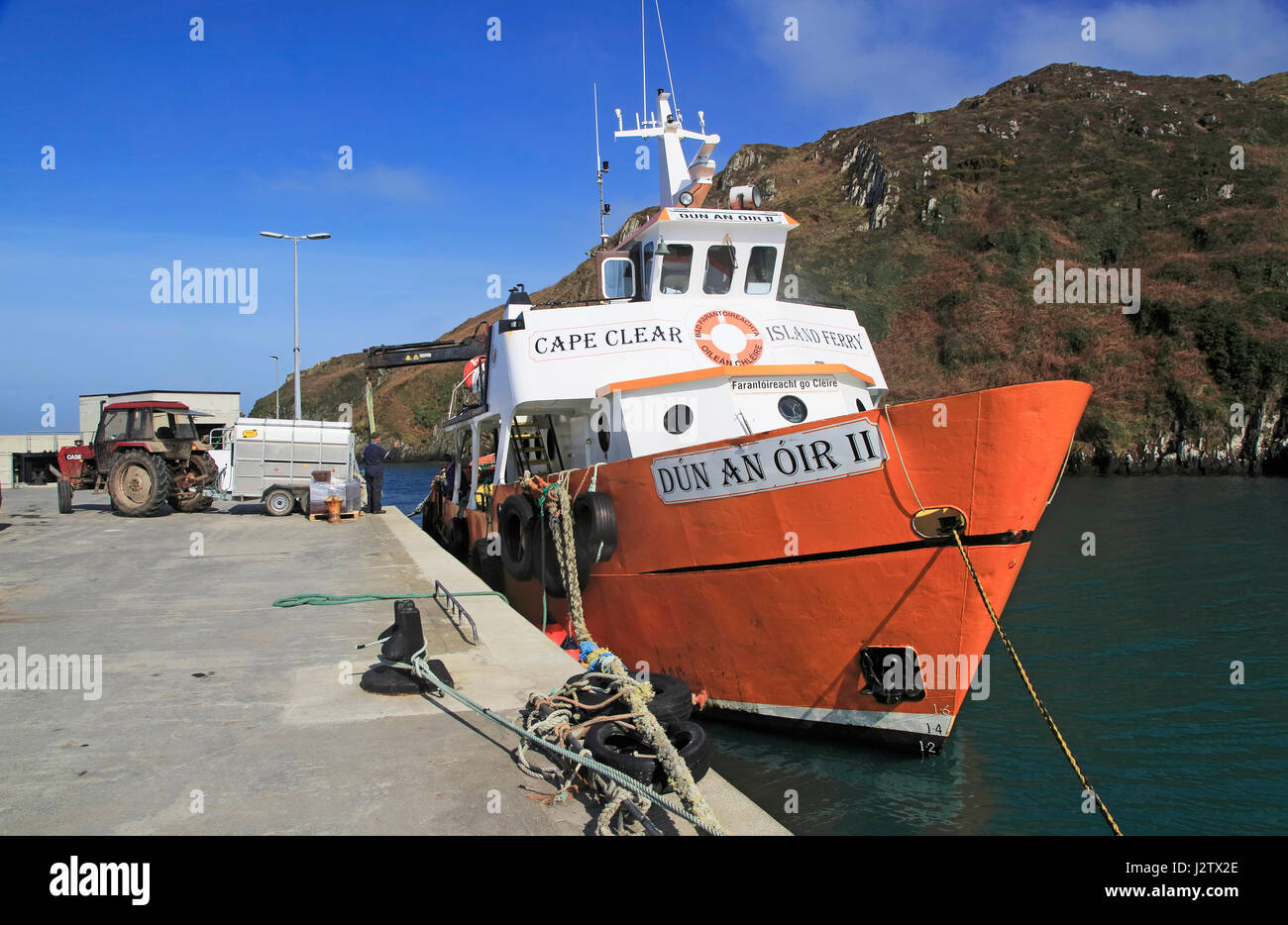 Ferry boat at quayside, North harbour, Cape Clear Island, County Cork ...