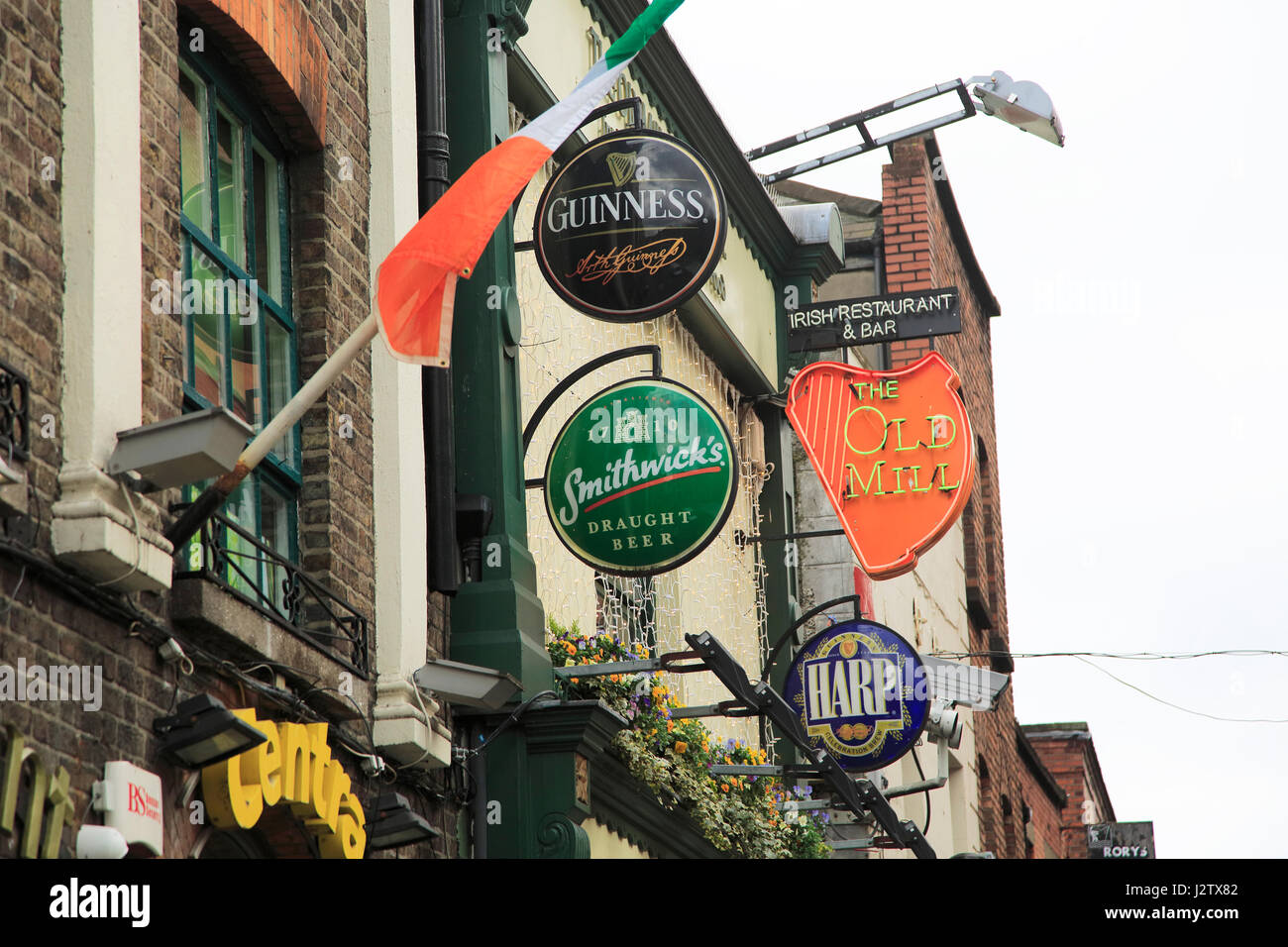 Beer signs outside The Old Mill pub in Temple Bar area, Dublin city ...