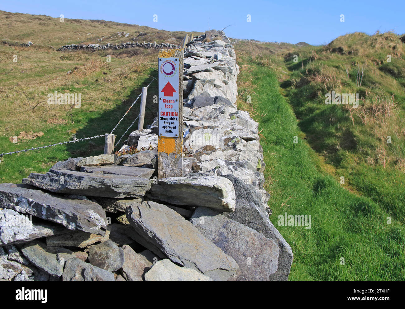 Coastal footpath and sign on cliff path, Cape Clear Island, County Cork ...
