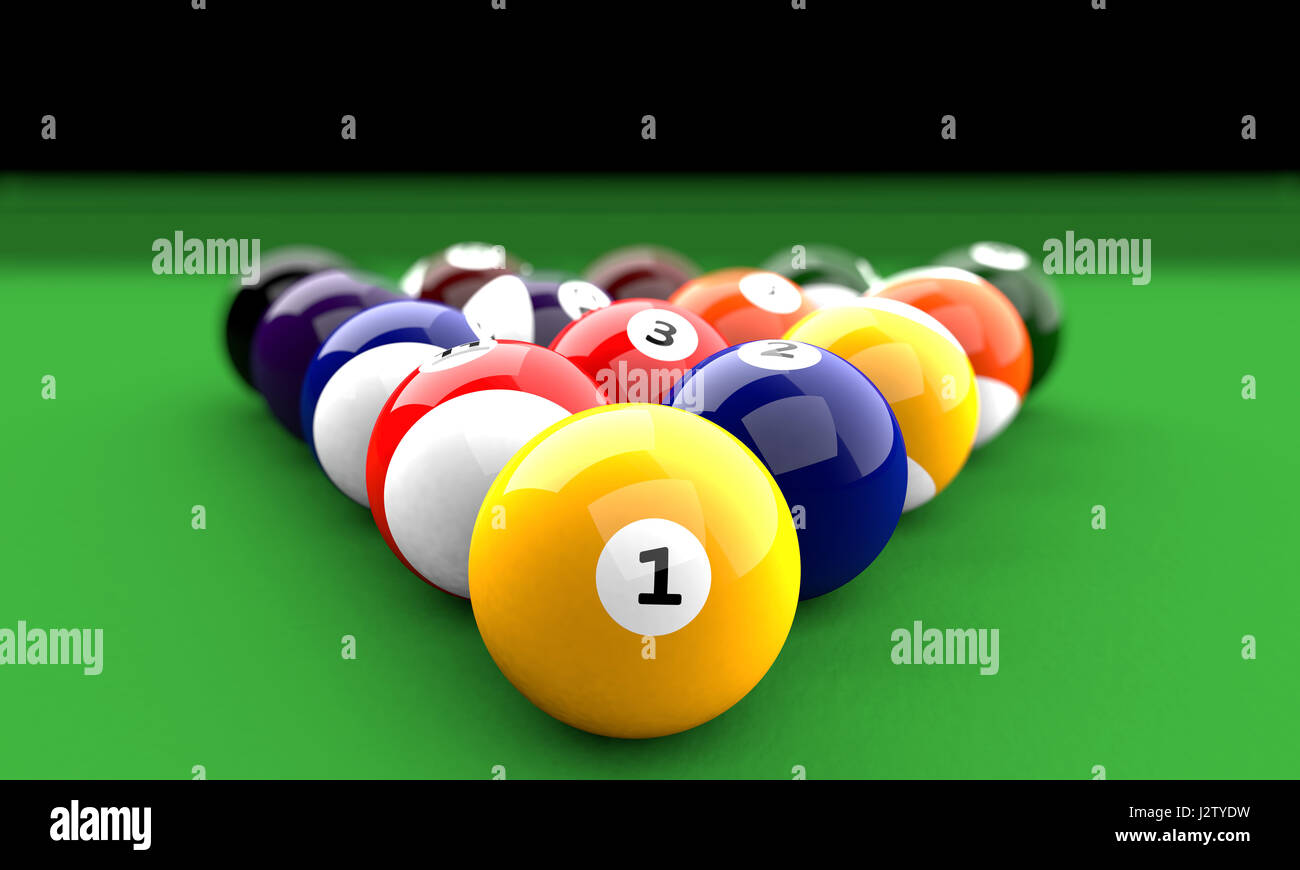 All Biliard balls in formation on a green table Stock Photo - Alamy