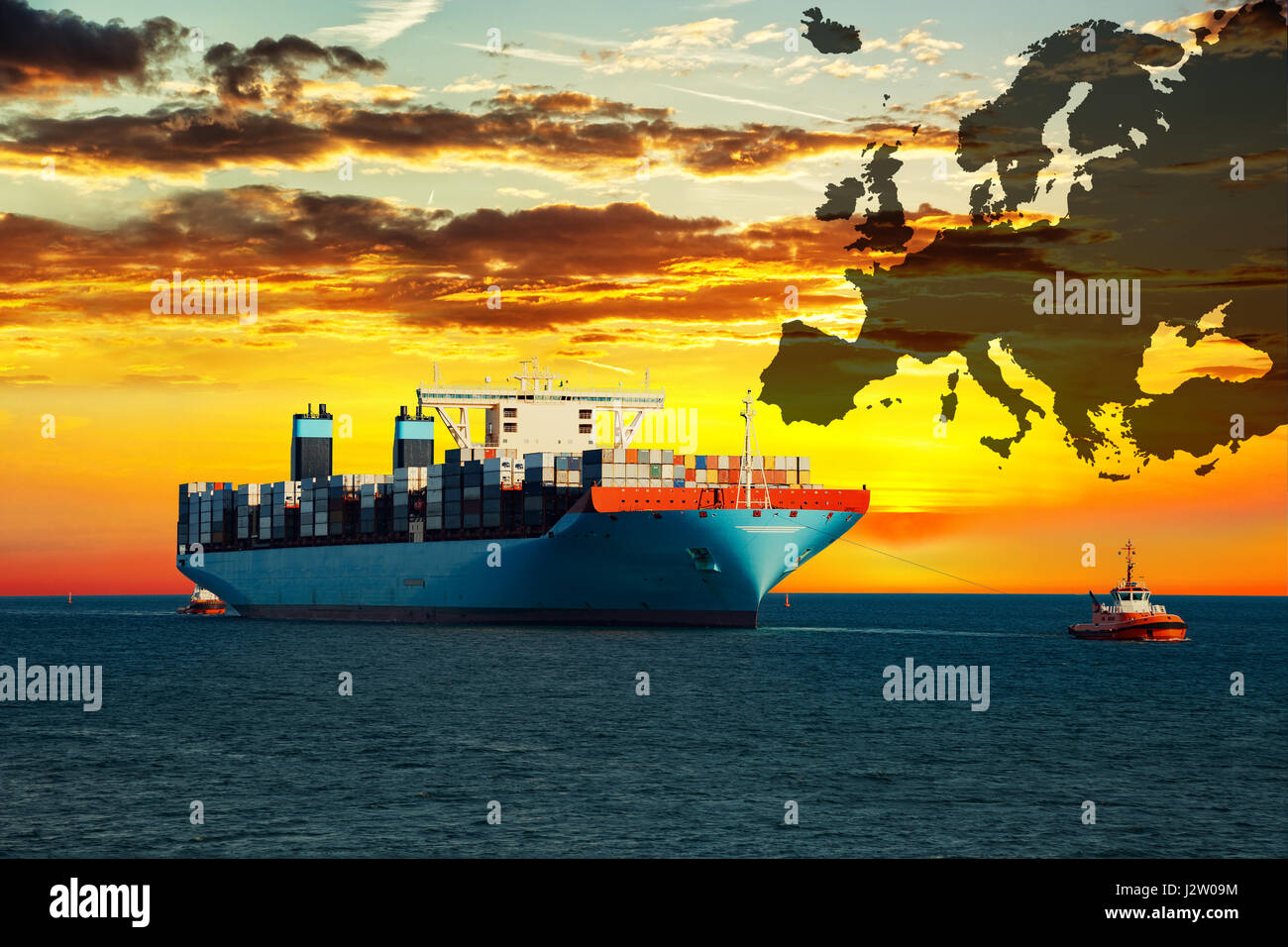 Ship on sea and Europe map background - shipping travel concept Stock ...