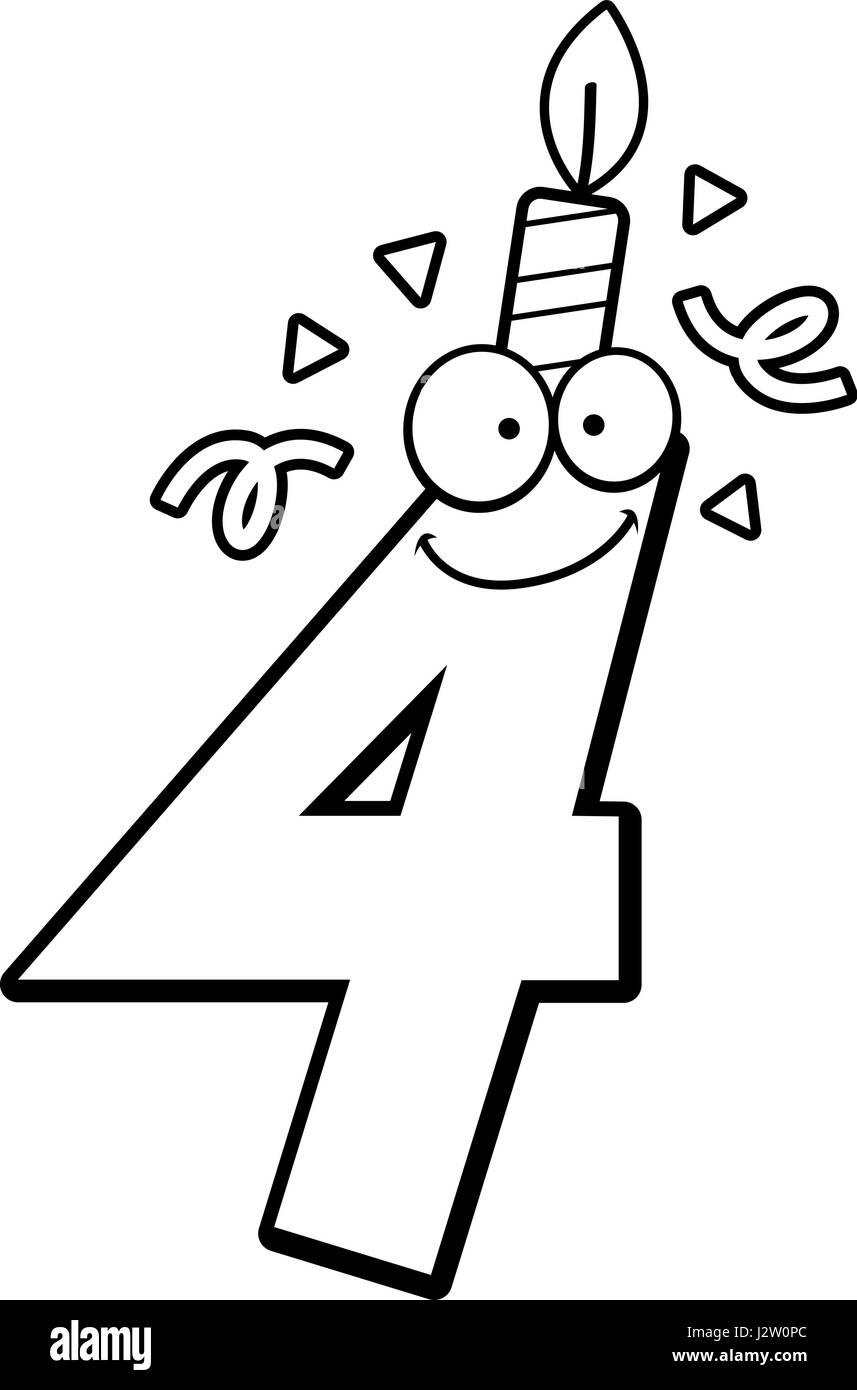 A cartoon illustration of a number four with a birthday candle and ...