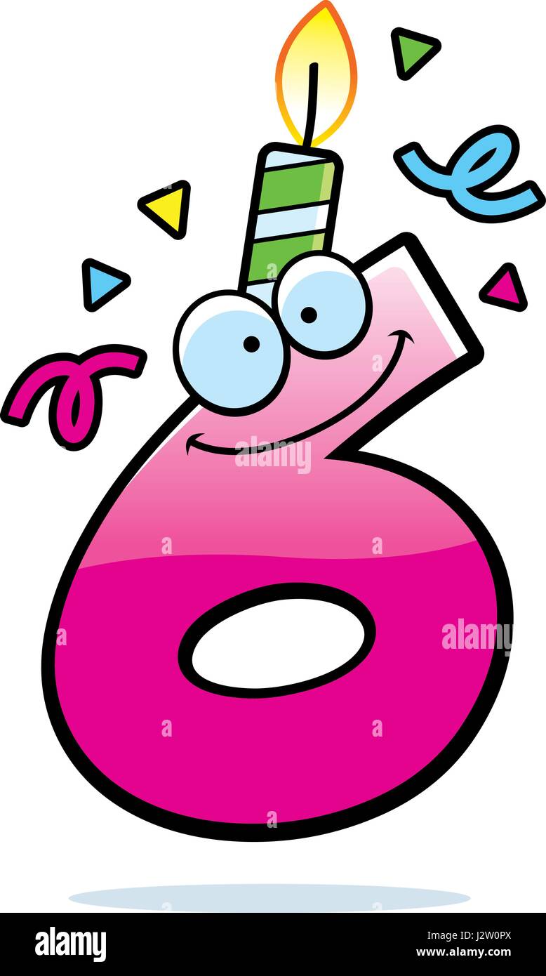 A cartoon illustration of a number six with a birthday candle and ...