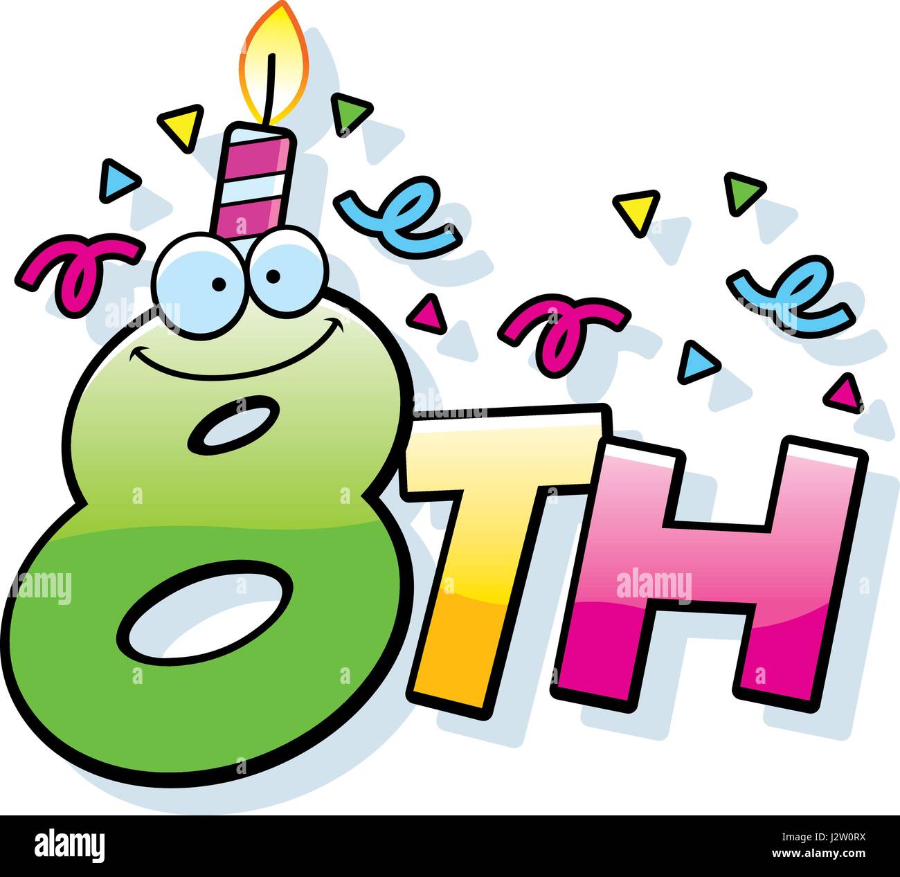 A cartoon illustration of the text 8th with a birthday candle and ...