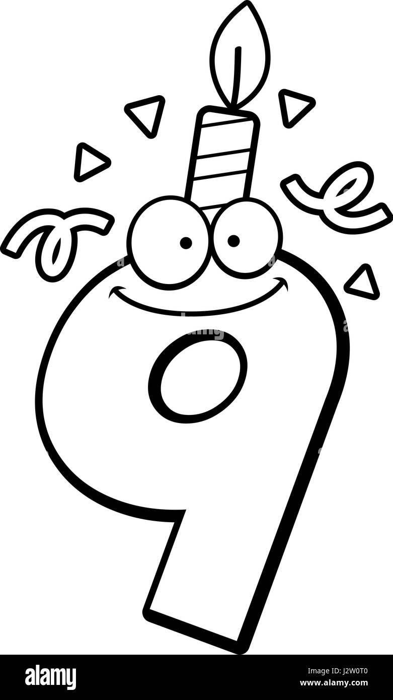 A cartoon illustration of a number nine with a birthday candle and ...