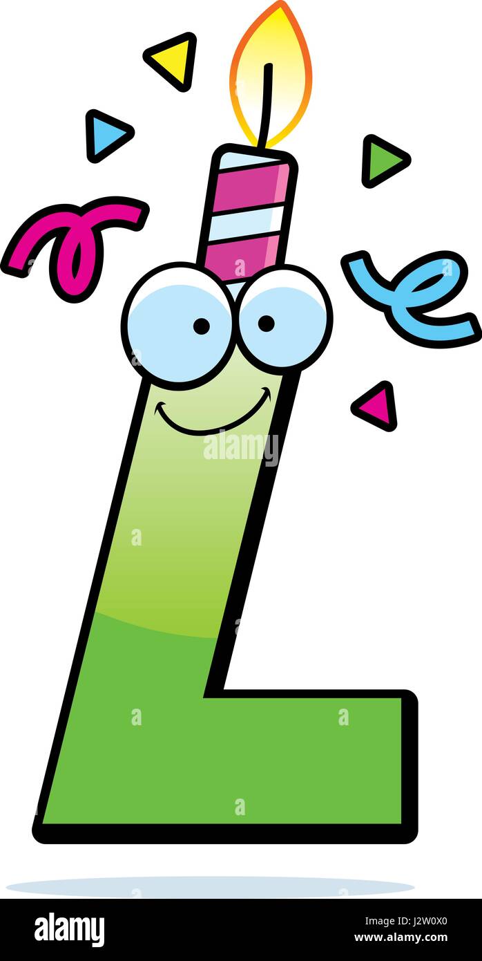 A cartoon illustration of a letter L with a birthday candle and ...