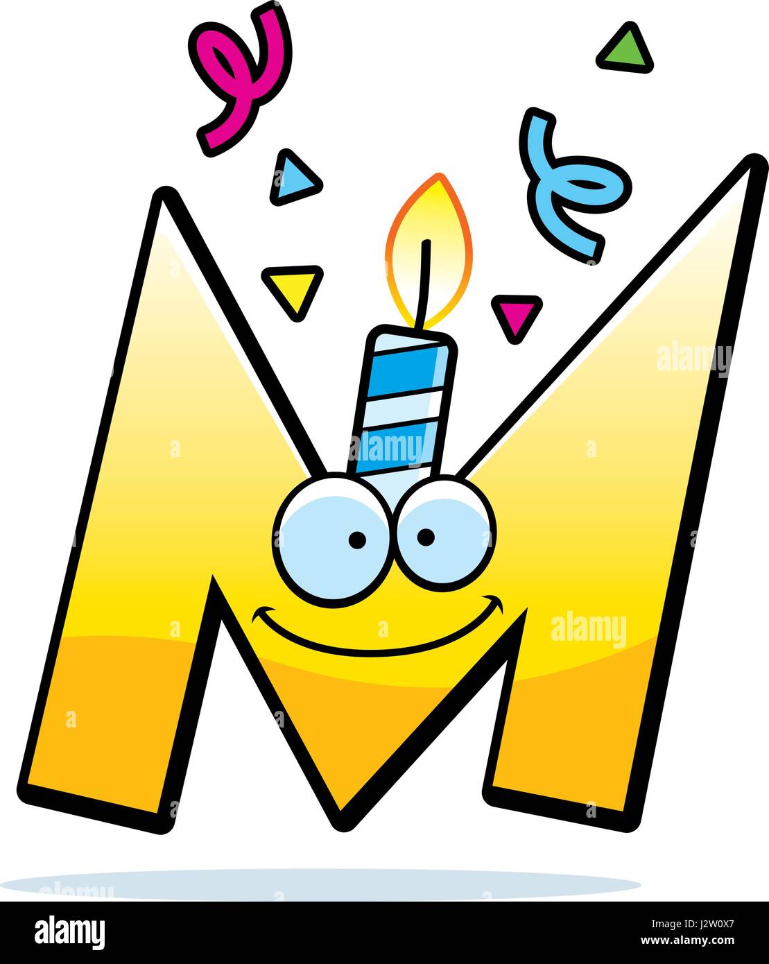 A cartoon illustration of a letter M with a birthday candle and ...