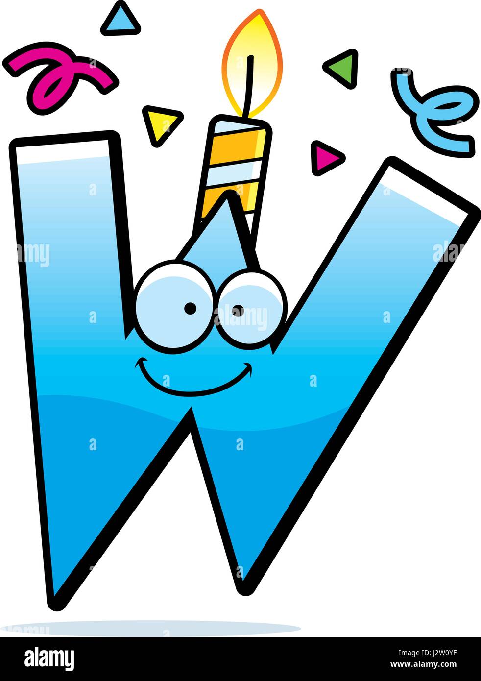 A cartoon illustration of a letter W with a birthday candle and ...