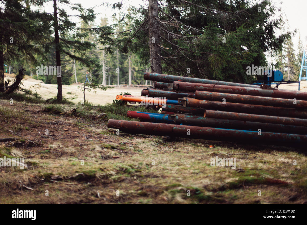 Rusty metal pipes in the pine forest closeup Stock Photo - Alamy